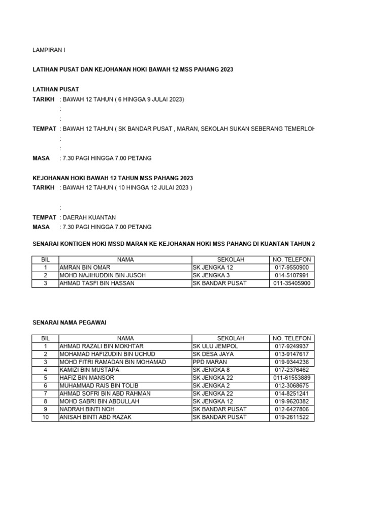 Lampiran Latihan Pusat Dan Kejohanan Hoki MSSD Maran | PDF