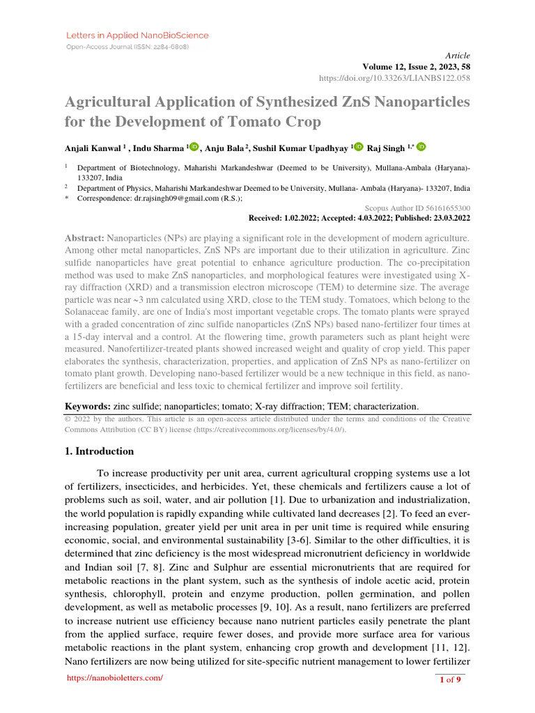 Agricultural Application of Synthesized ZNS Nanoparticles For The Development of Tomato Crop ...