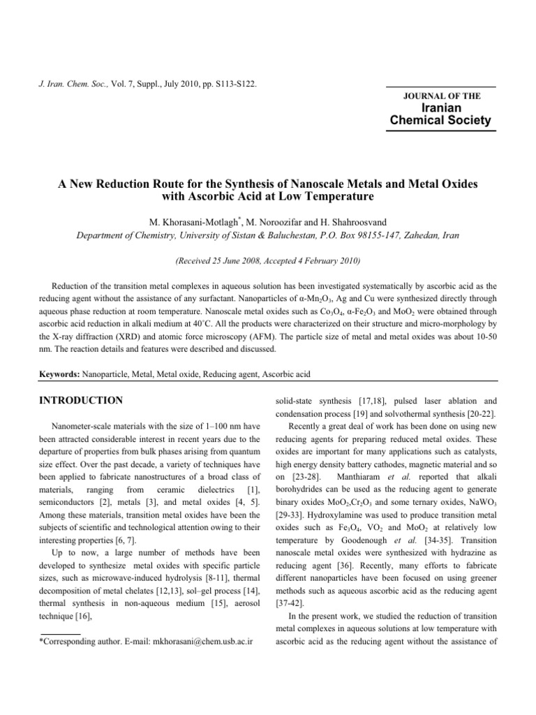 A New Reduction Route For The Synthesis of Nanoscale Metals and Metal Oxides | PDF ...