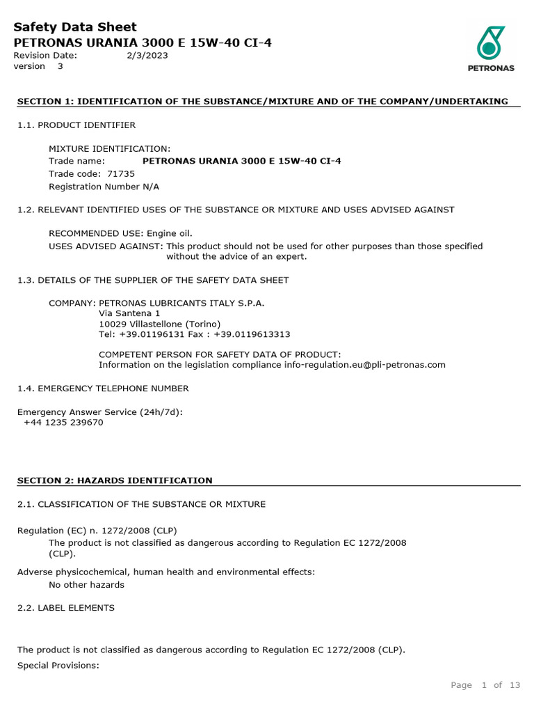Safety Data Sheet: Petronas Urania 3000 E 15W-40 Ci-4 | PDF | Toxicity ...