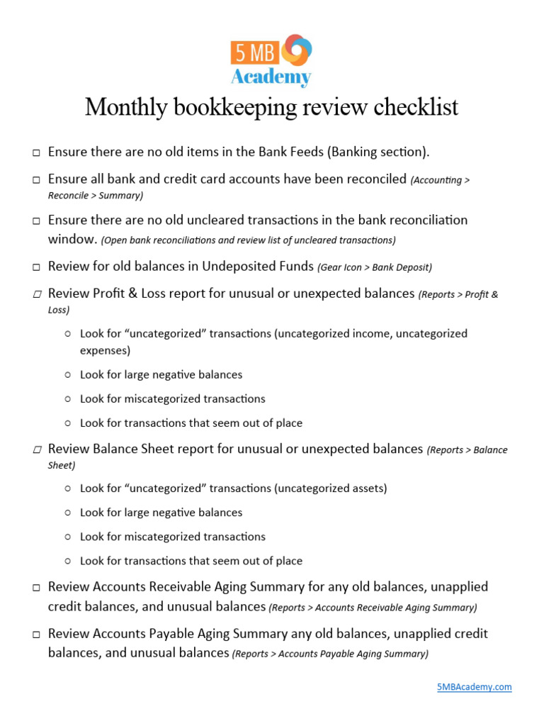 Monthly Bookkeeping Review Checklist | PDF