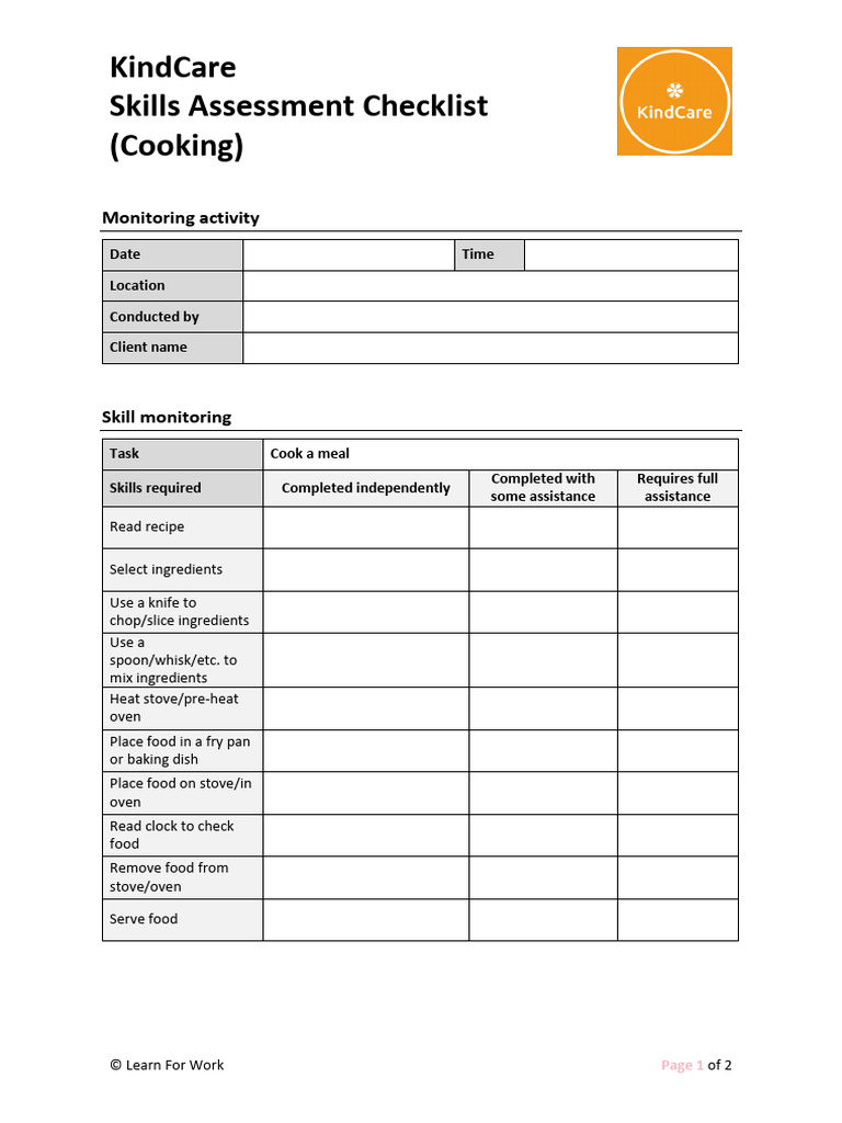 Cooking Skills Assessment Checklist | PDF | Cooking, Food & Wine