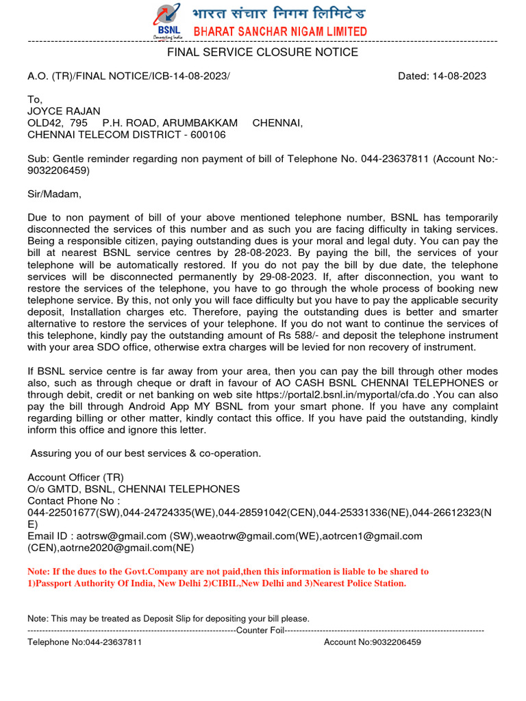 Final Service Closure Notice | PDF | Payments | Cheque