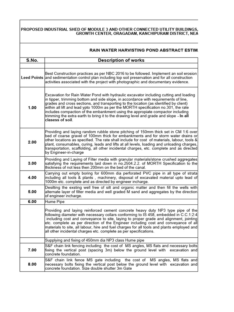 Rain Water Harvesting BOQ | PDF | Concrete | Soil