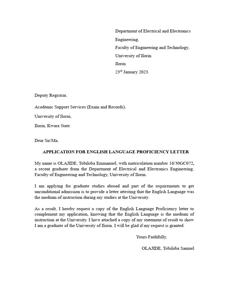 Request for English Proficiency Letter | PDF