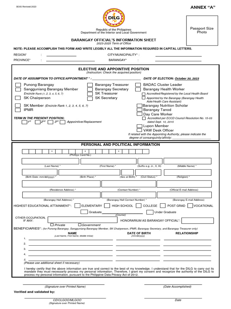 BOIS Form 2023-2025 for Barangay Officials | PDF