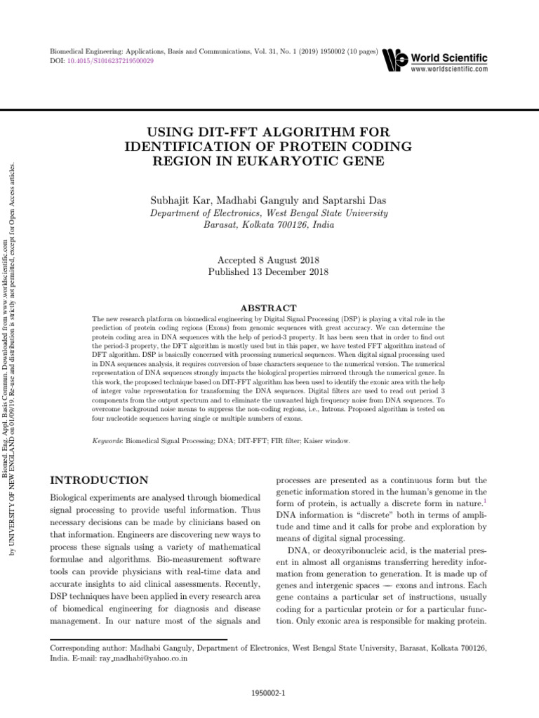 Using Dit-Fft Algorithm For Identification of Protein Coding Region in Eukaryotic Gene | PDF ...