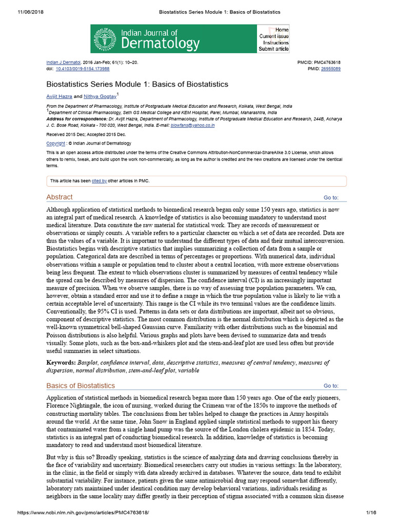 Biostatistics Series Module 1 - Basics of Biostatistics | PDF | Level Of Measurement | Mean