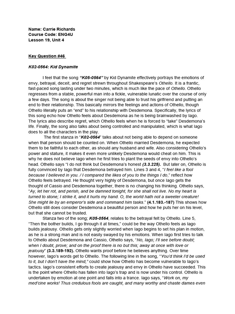 Lesson 19, ENG4U, Unit 4, Carrie Richards | PDF | Iago | Othello