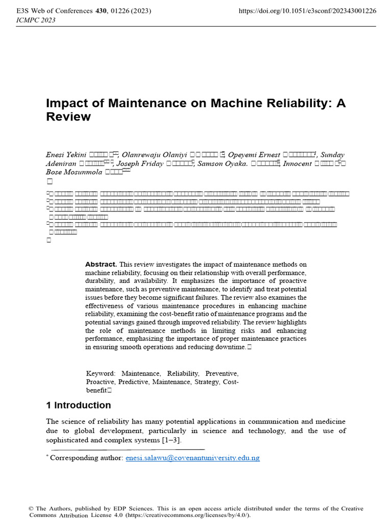 Impact of Maintenance On Machine Reliability A Rev | Download Free PDF | Reliability Engineering ...