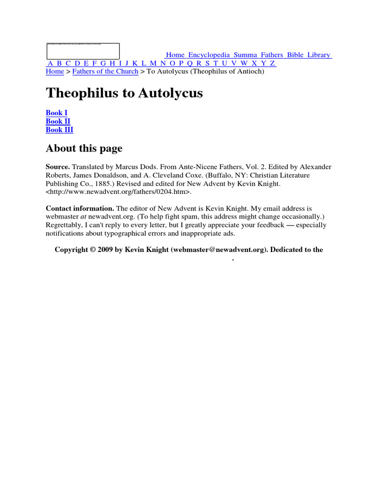 Theophilus To Autolycus: About This Page | PDF | History