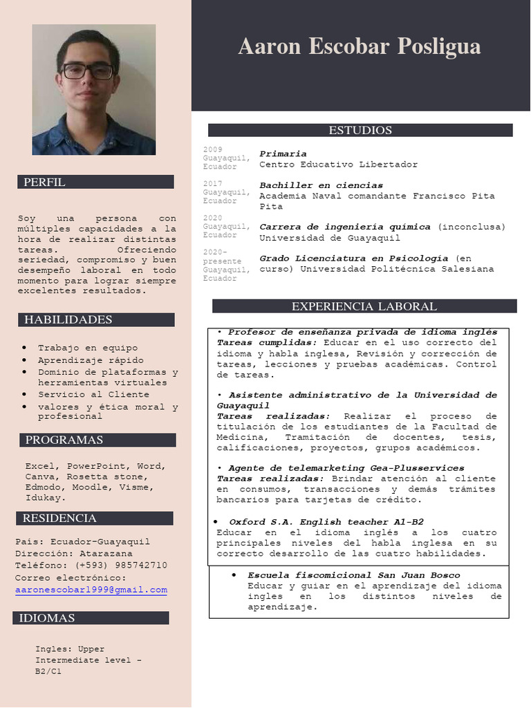 Aaron Escobar Posligua CV | PDF | Enseñando | Licenciatura