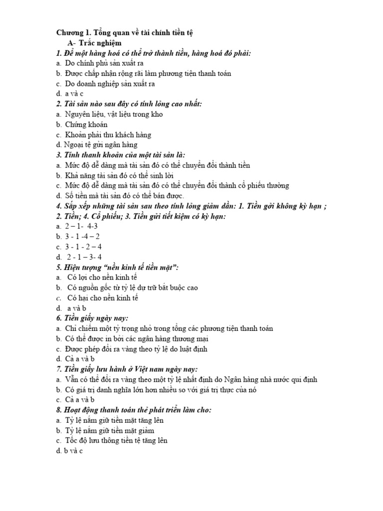 Trac Nghiem - c1 - Tong Quan Ve Tai Chinh Tien Te | PDF