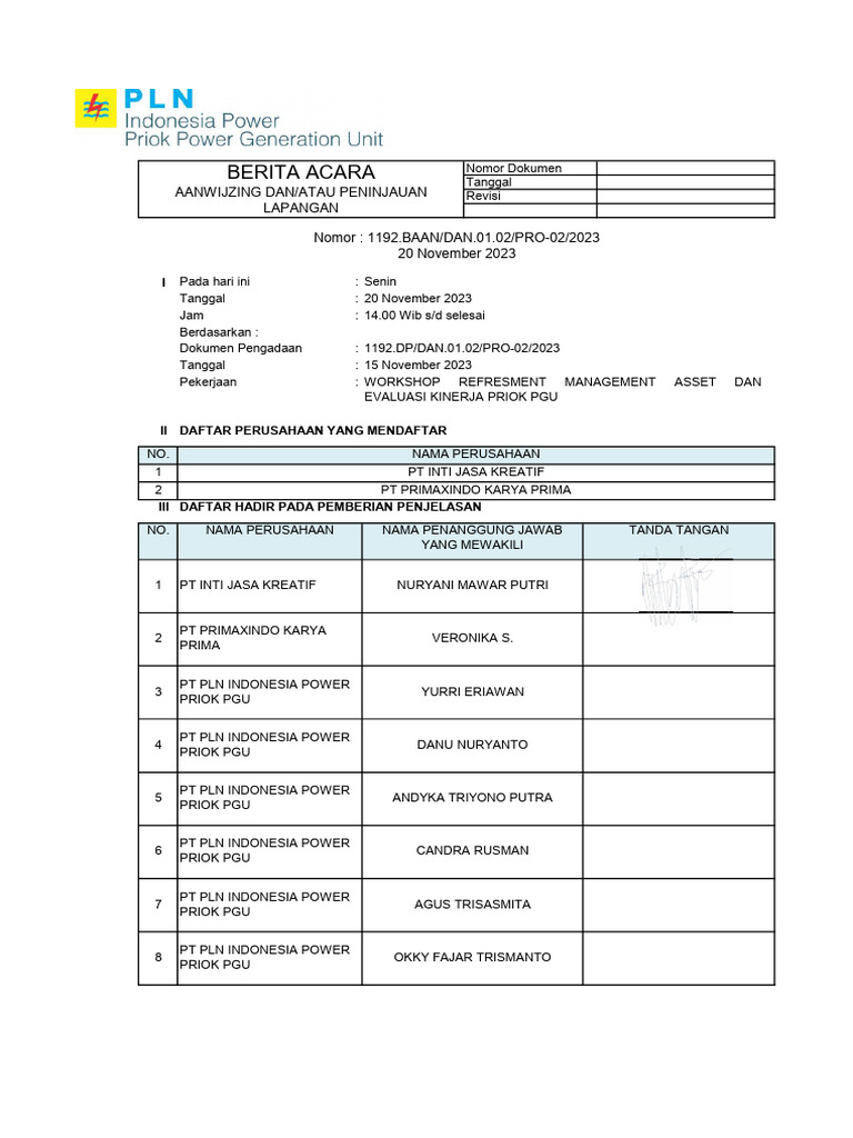 Berita Acara Aanwijzing PT PLN Indonesia Power Priok PGU | PDF