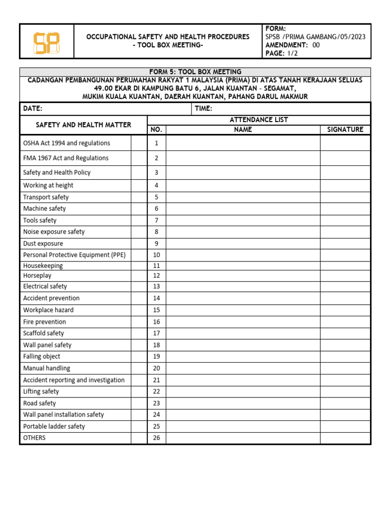 Occupational Safety Toolbox Meeting Form | PDF | Occupational Safety ...