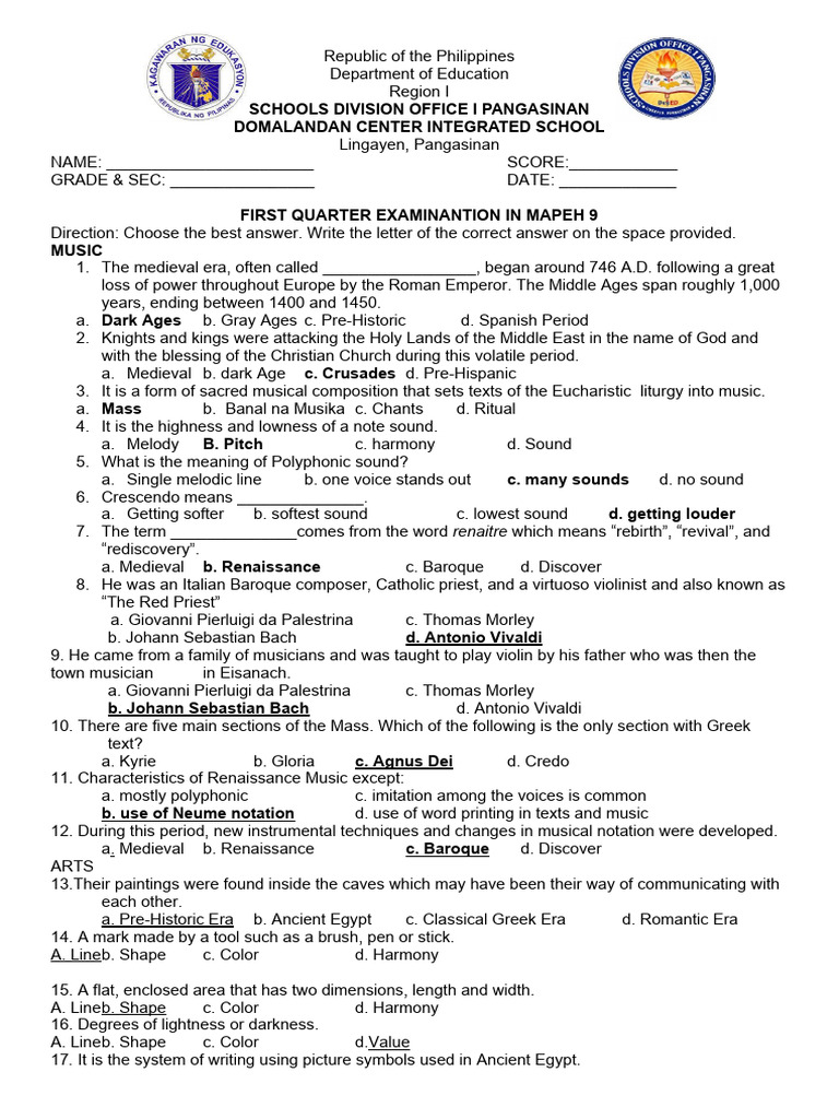 MAPEH 9 EXAM With Key Answer - 1 | Download Free PDF | Deforestation | Skeletal Muscle