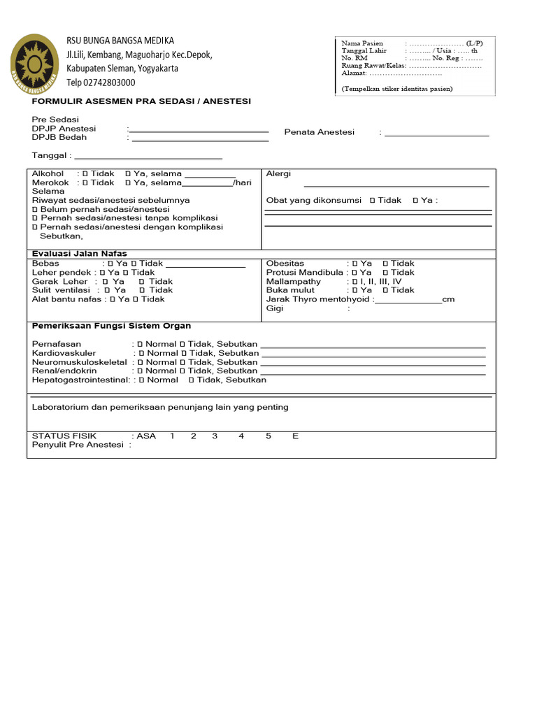 Pab 3 2 Ep 1 Form Asesmen Pra Sedasi Anestesi Pdf