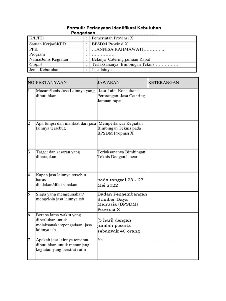 Lampiran 3 - Form Identifikasi Kebutuhan - 1 | PDF | Pengelolaan Keuangan & Uang