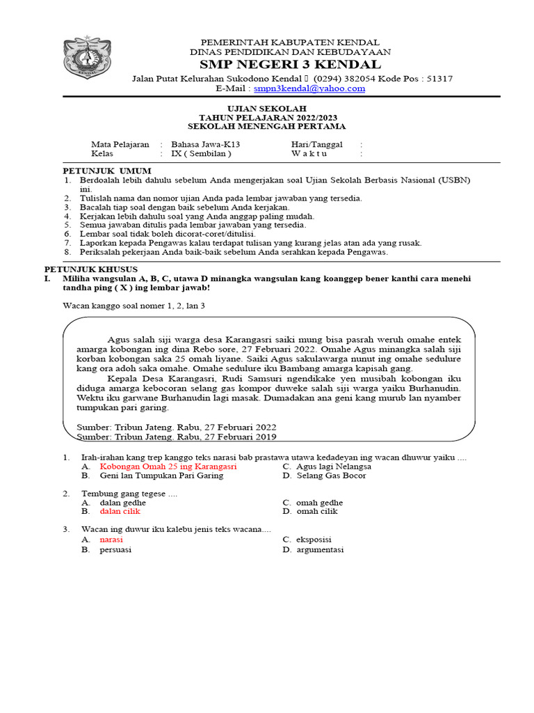 SOAL US Bahasa Jawa 2022-2023 | PDF