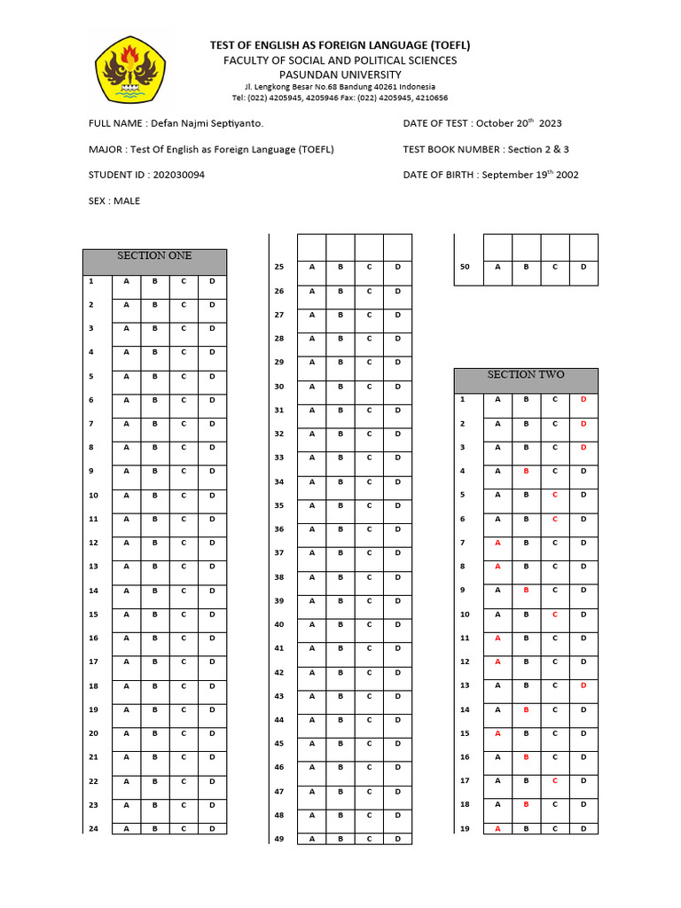 Defan Najmi Septiyanto. (TOEFL) (ANSWER SHEET) (Section 2 & 3) | PDF ...