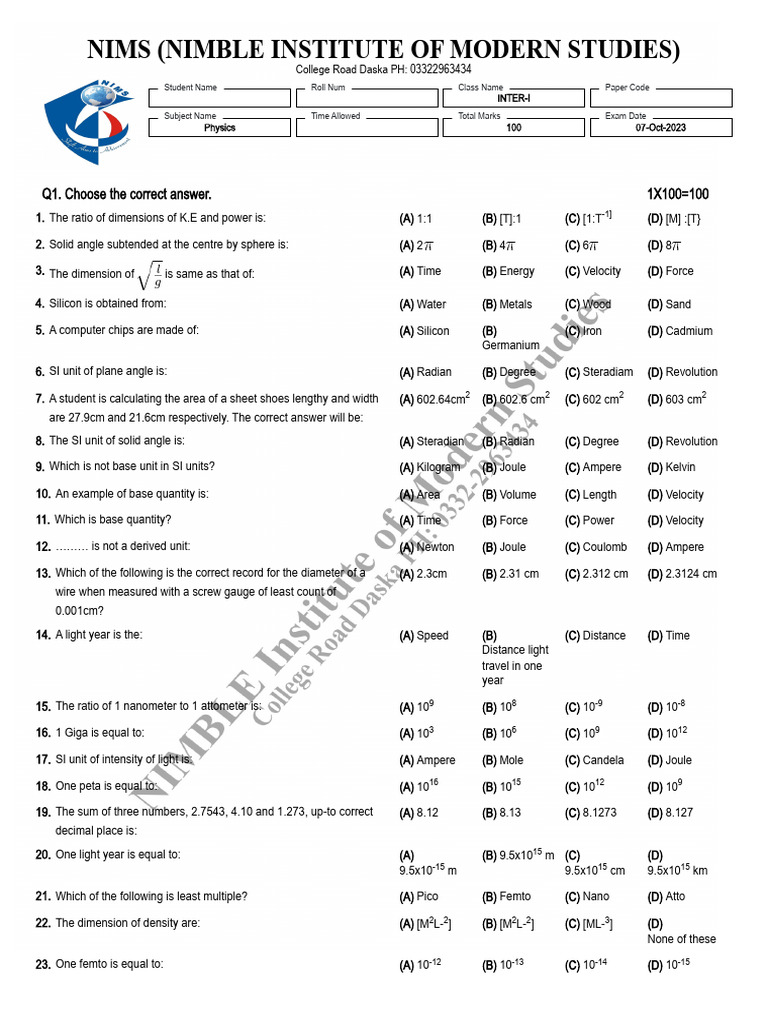 Nims (Nimble Institute of Modern Studies) : Q1. Choose The Correct ...