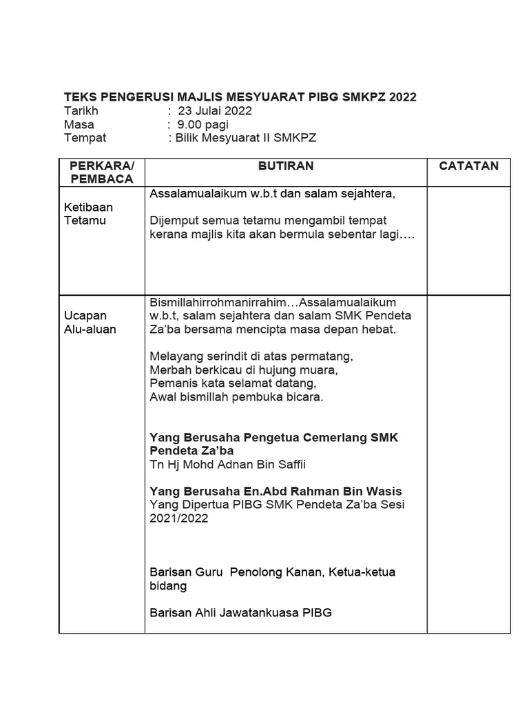 Teks Pengerusi Majlis Mesyuarat Agung Pibg 2019 | PDF