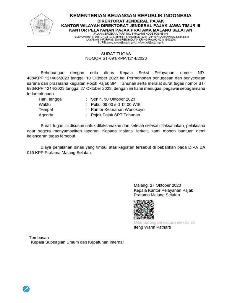 Surat Tugas Pojok Pajak Malang Selatan | PDF