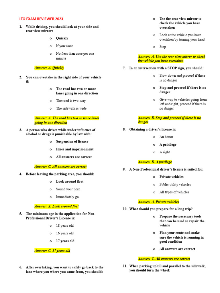 Lto Exam Reviewer 2023 | PDF | Traffic | Traffic Light