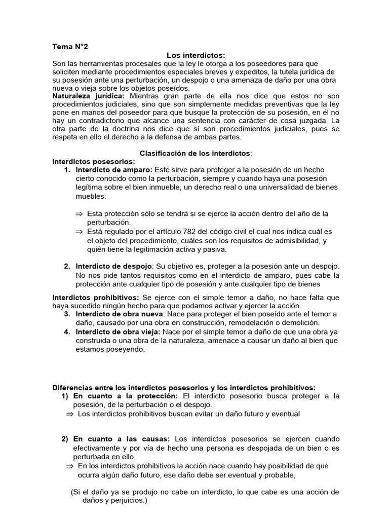 Los Interdictos. Tema 2 Al 4. Civil | PDF | Posesión (Ley) | Queja