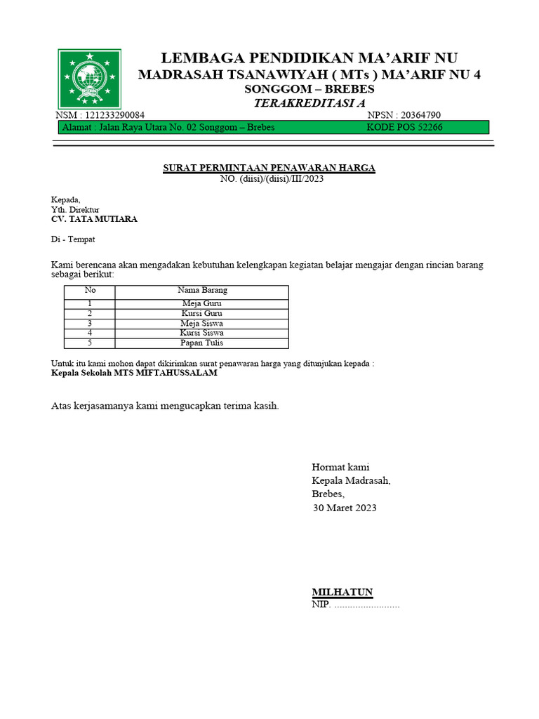 Contoh SP & PO MTS MIFTAHUSSALAM | PDF