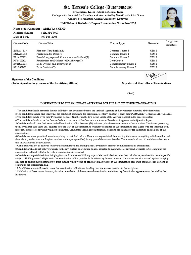 Hall Ticket 11162023110054 | PDF