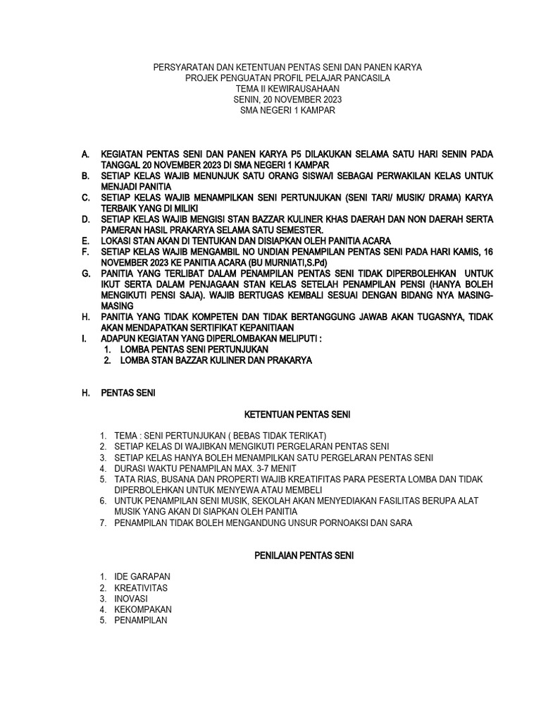 Juknis Pensi Dan Panen Karya p5 2023 | PDF