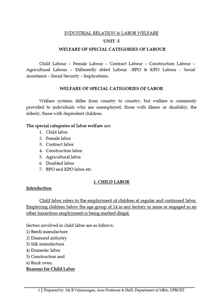 Unit - 5, Welfare of Special Categories of Labor - Vels | PDF | Welfare ...