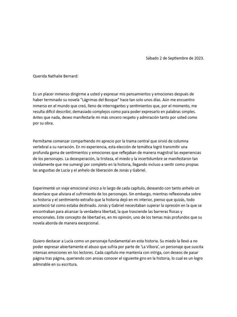 Carta Al Autor Lagrimas Del Bosque | PDF | Las emociones