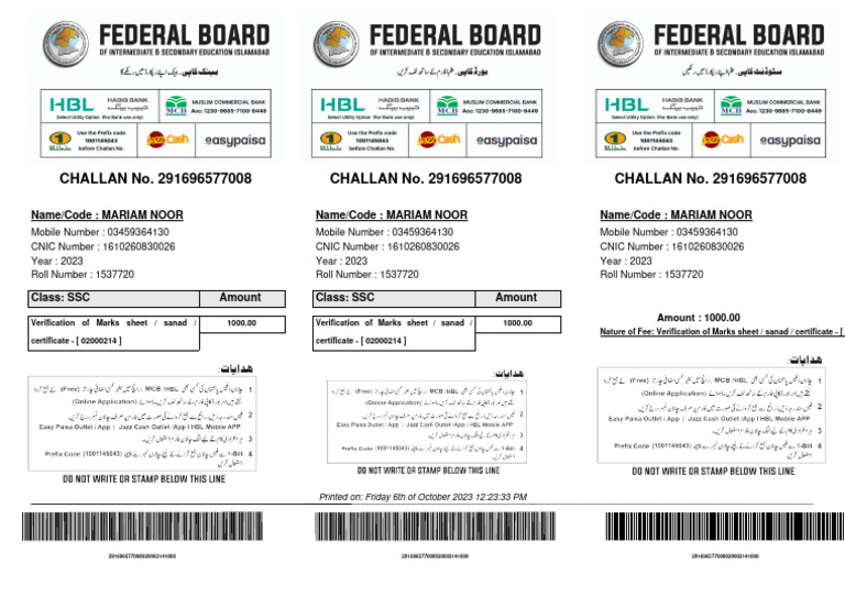 DMC Verification Challan | PDF