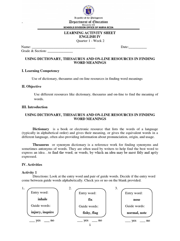 ENGLISH4 - LAS - q1 - w2 - Using Dictionary Thesaurus and ONline ...