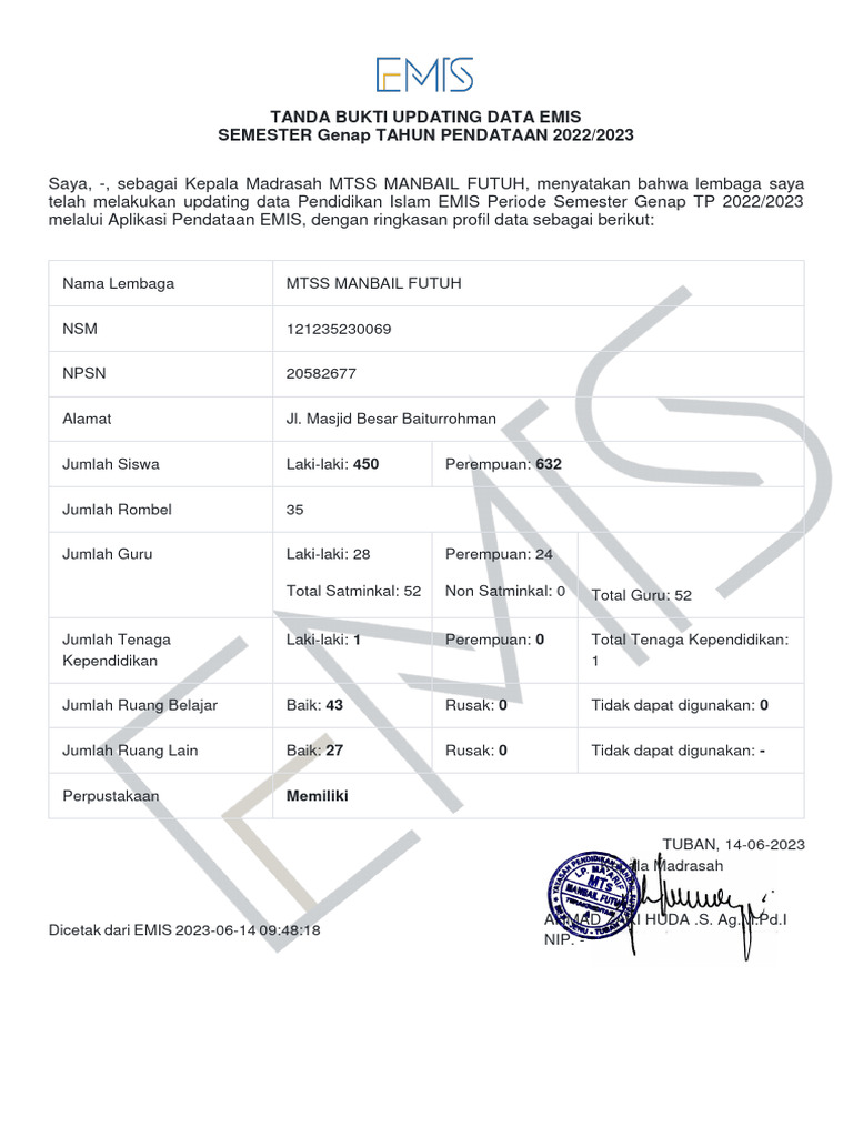 Laporan Updating Data EMIS 2022/2023 | PDF