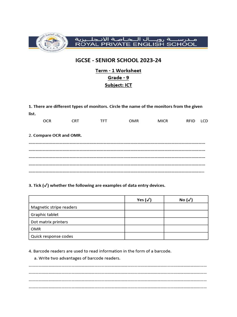 Term1 Worksheet qns-1 | PDF | Computer Monitor | Barcode