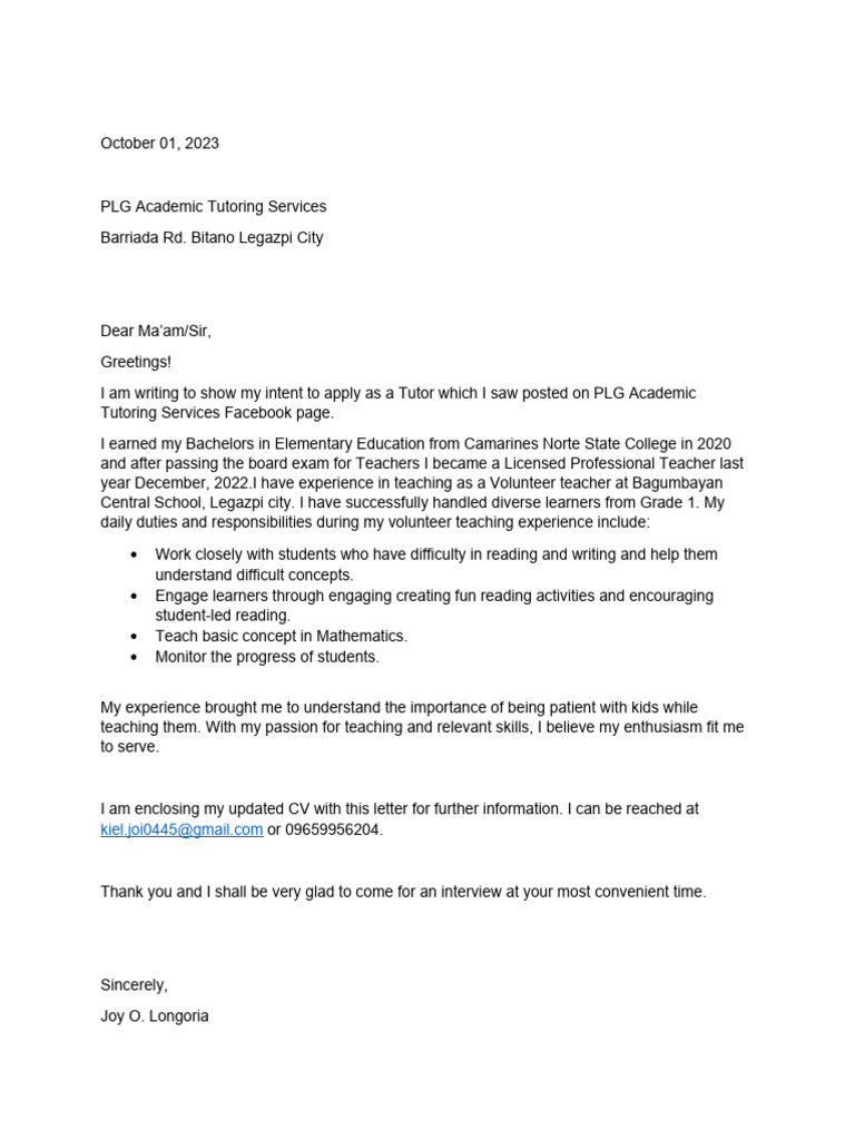 Cover Letter T. Joy | PDF