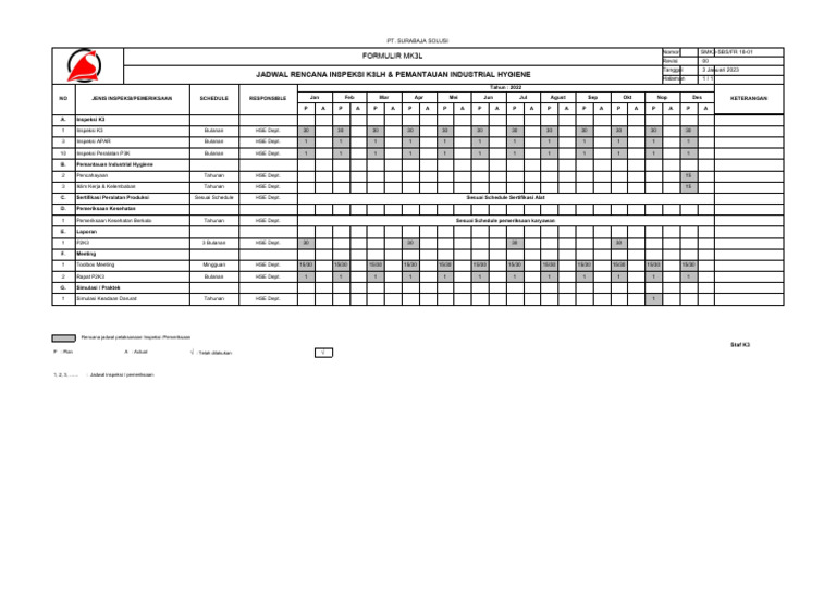 K3L-FR-14-01 Jadwal Rencana Inspeksi K3L 2020 | PDF