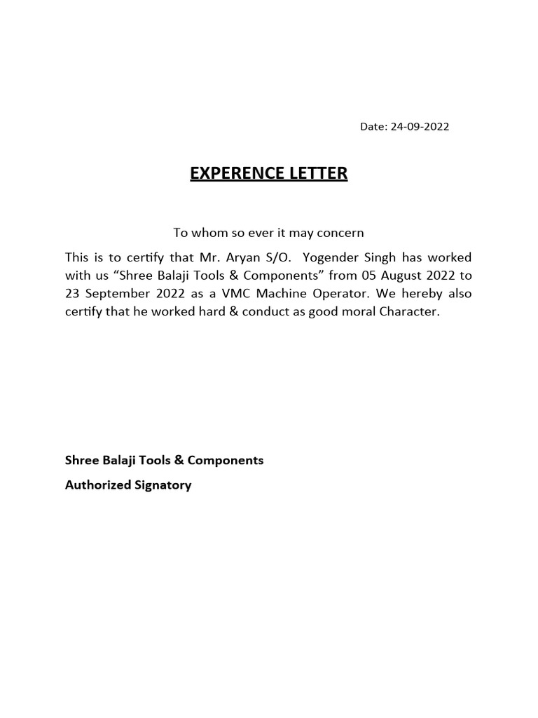 Experence Letter: Shree Balaji Tools & Components Authorized Signatory ...