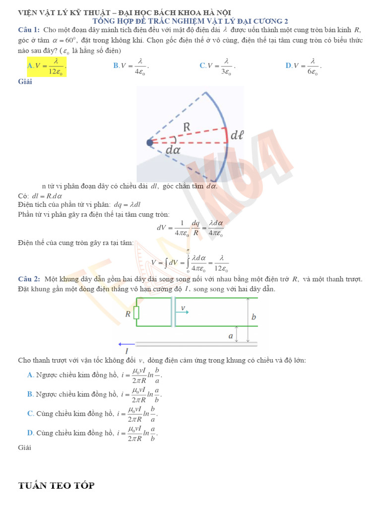 TỔNG HỢP1 TRẮC NGHIỆM VẬT LÝ ĐẠI CƯƠNG 2 - ĐHBKHN- Tong Hop Bai Tap Co ...