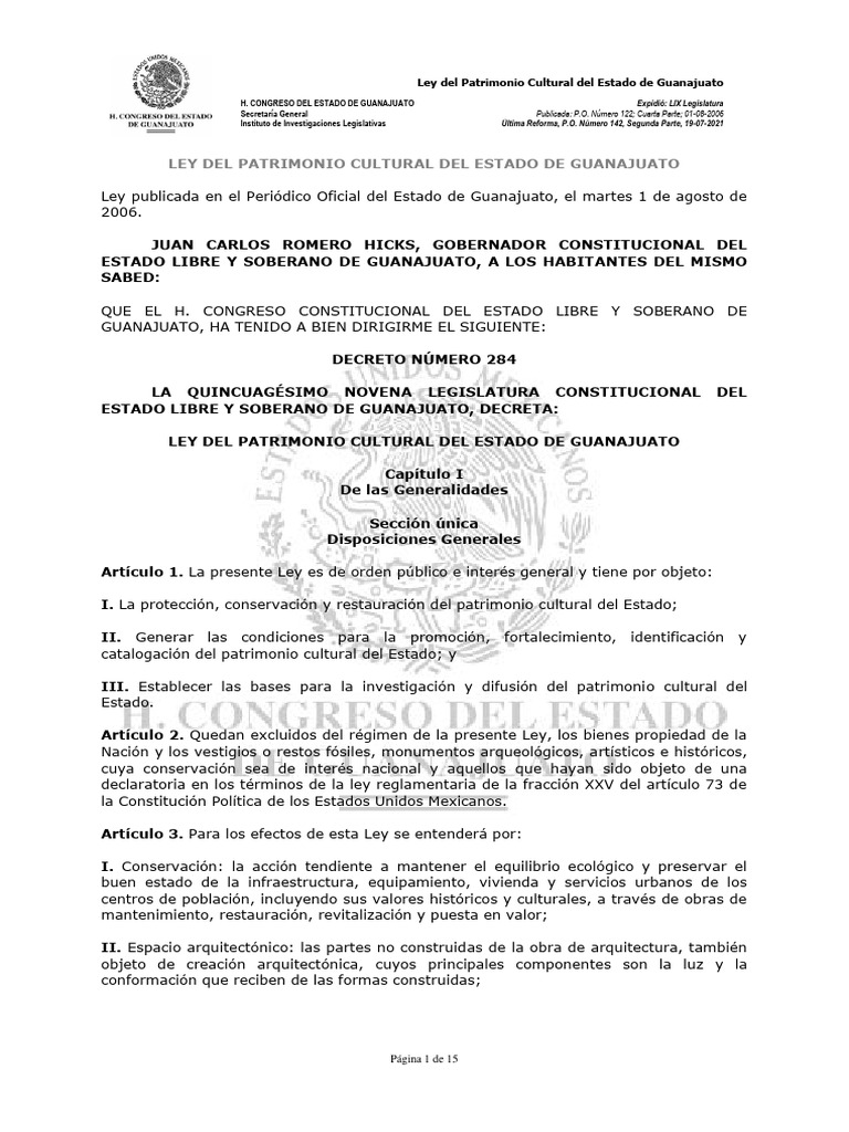 LEY DEL PATRIMONIO CULTURAL DEL ESTADO DE GUANAJUATO PO 19jul2021 Dto328 | PDF | Patrimonio ...