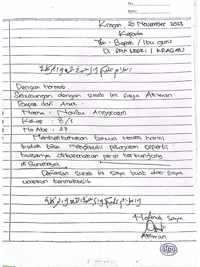 Surat Ijin Novita Anggraeni Kelas X | PDF