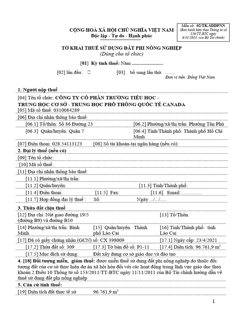 To Khai Thue Su Dung Dat Phi Nong Nghiep | PDF