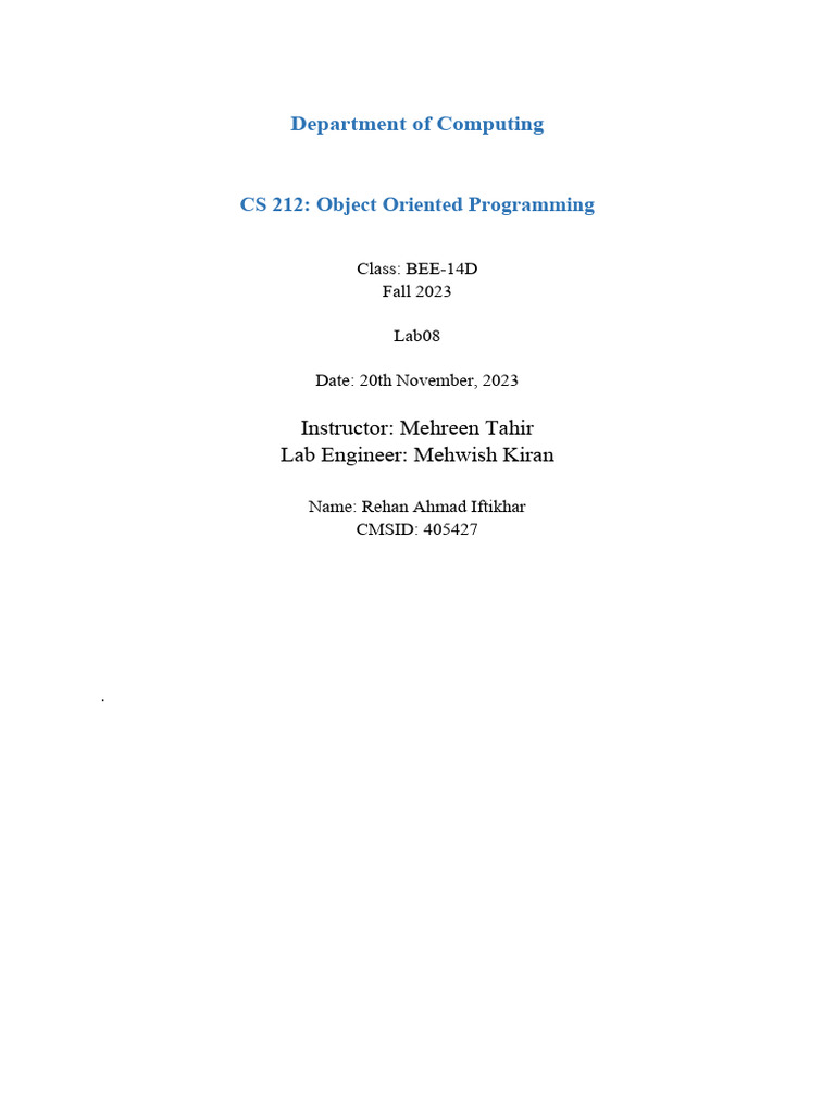 Rehan Ahmad Iftikhar - 405427 - Lab08 | PDF | Class (Computer Programming) | Software Development
