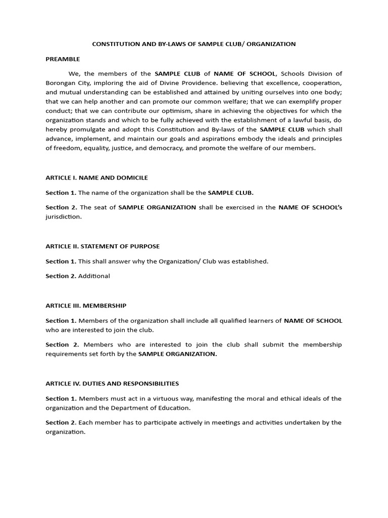Sample Club Constitution and By-Laws | PDF | Presidents Of The United ...