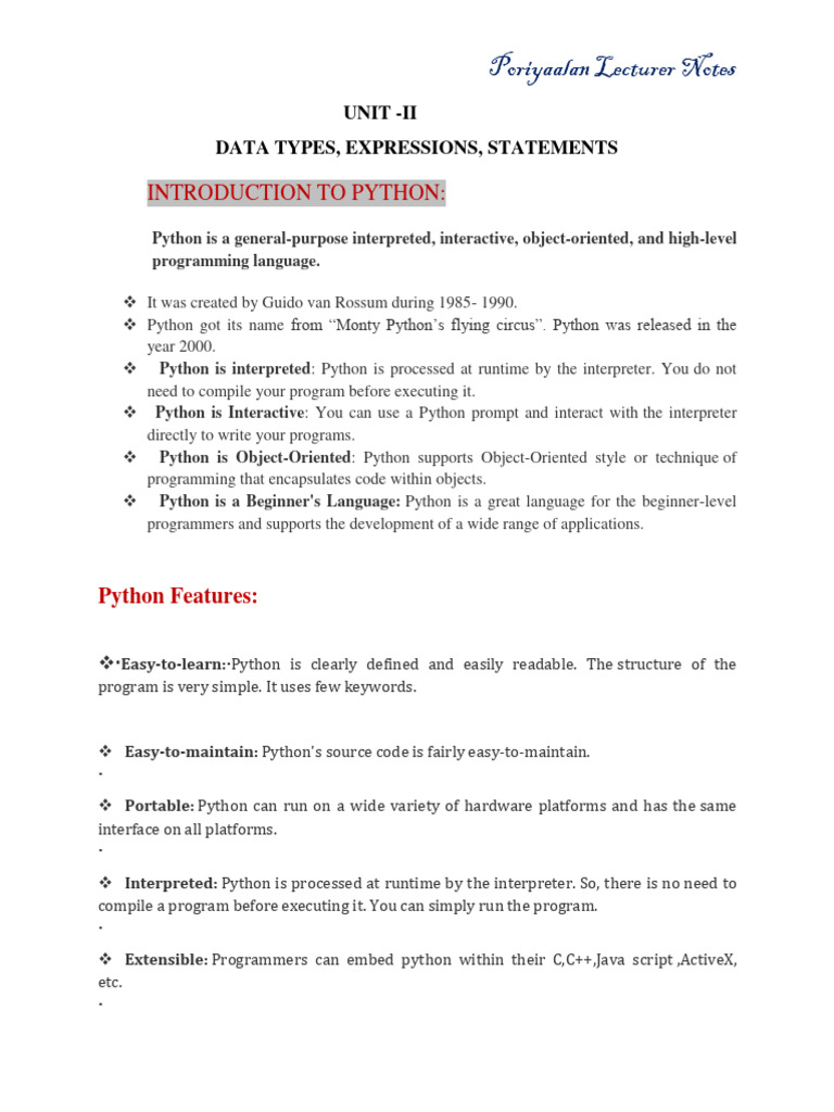 Python Unit 2 Lecturer Notes Pdf Python Programming Language Reserved Word