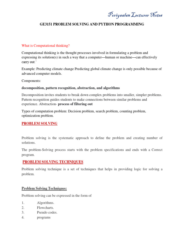 Unit I PROBLEM SOLVING AND PYTHON PROGRAMMING | PDF | Algorithms ... Unit I PROBLEM SOLVING AND PYTHON PROGRAMMING | PDF | Algorithms ...
