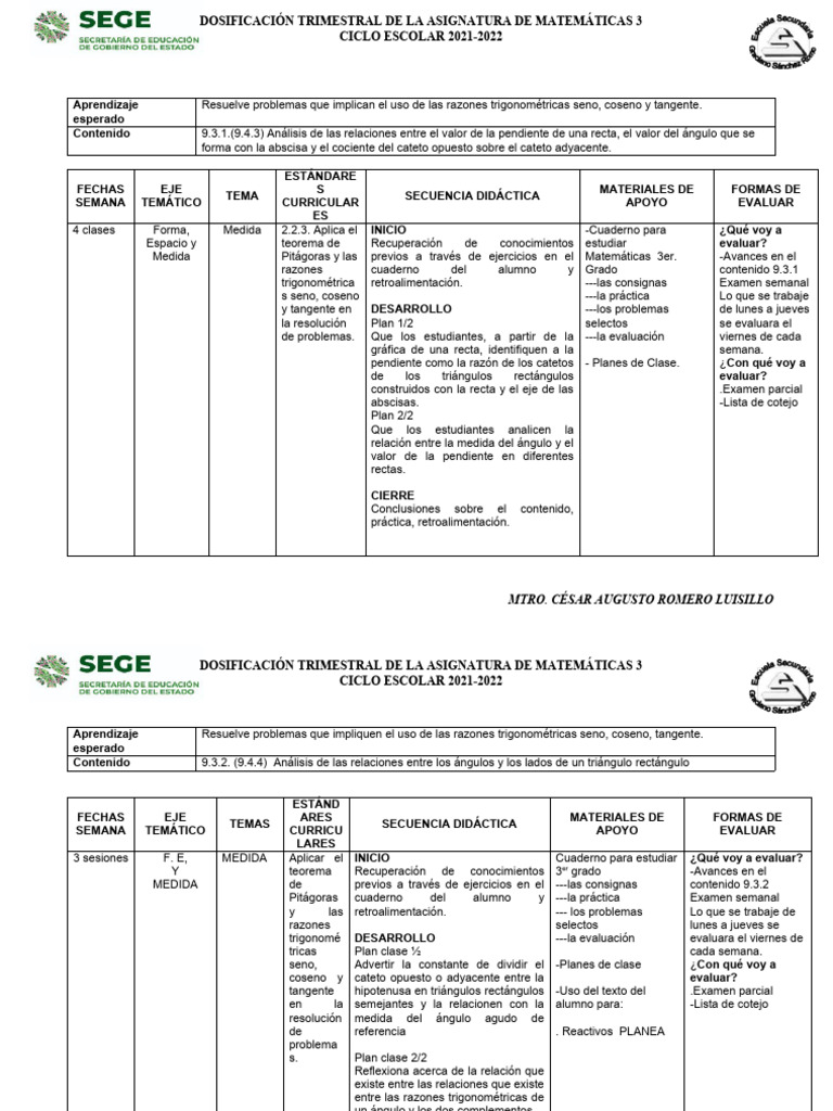 Dosificación Matemáticas 3er Grado 2021-2022 | PDF | Trigonometría ...